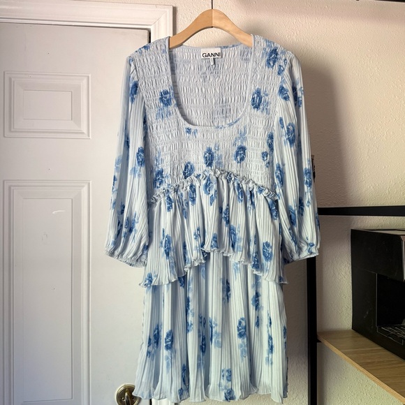 Ganni | Dresses | Ganni Blue Floral Puff 34 Sleeve Smocked Crinkle ...